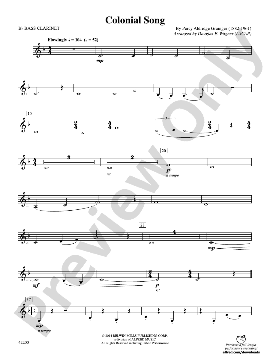 Colonial Song: B-flat Bass Clarinet: B-flat Bass Clarinet Part ...