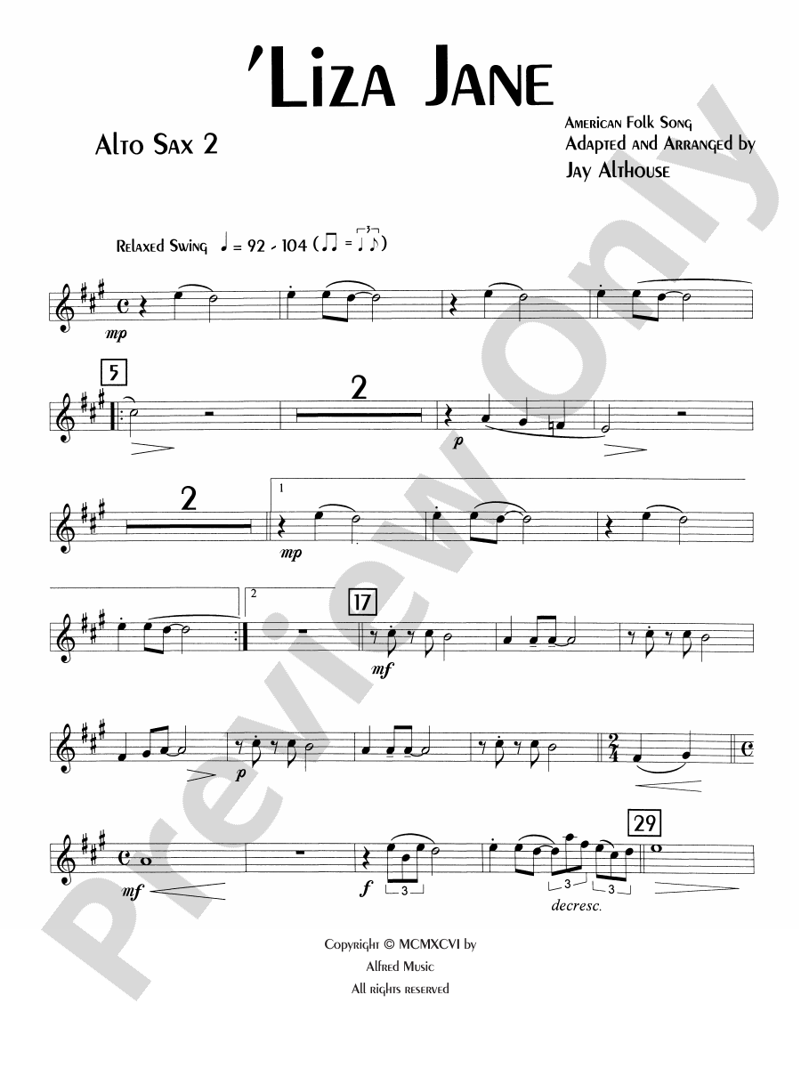 'Liza Jane: 2nd E-flat Alto Saxophone: 2nd E-flat Alto Saxophone Part - Digital Sheet Music Download