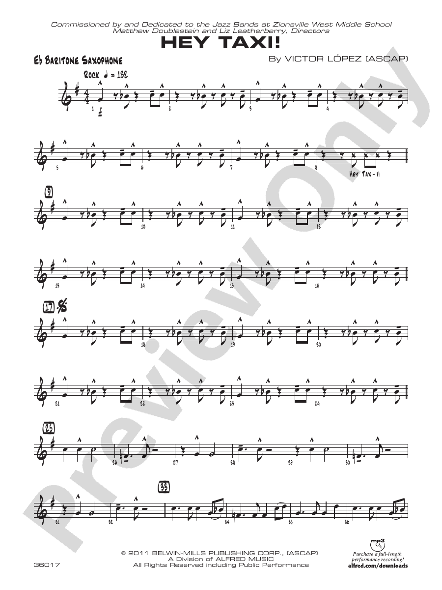 Hey Taxi!: E-flat Baritone Saxophone: E-flat Baritone Saxophone Part ...