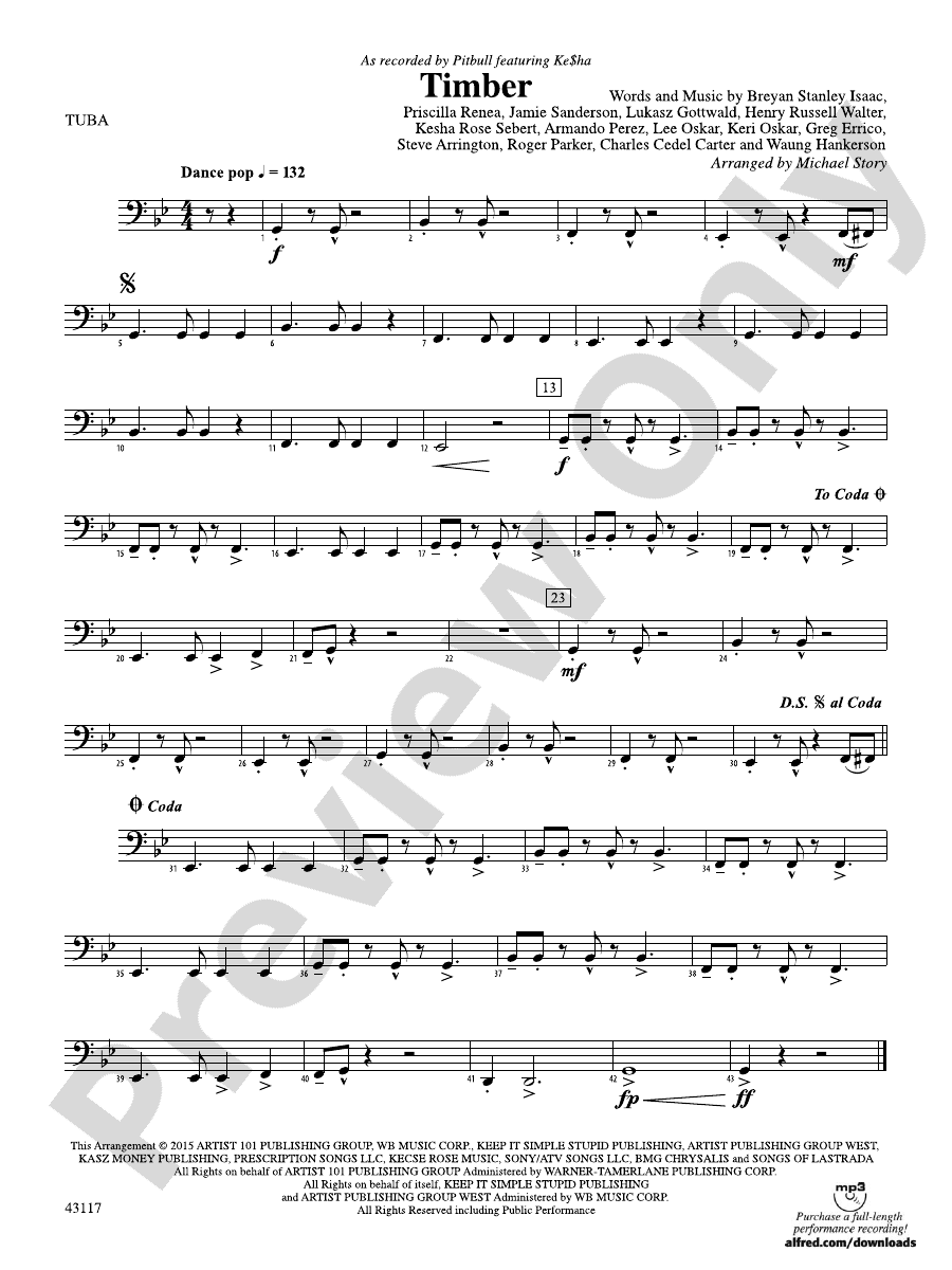 Timber: Tuba: Tuba Part - Digital Sheet Music Download