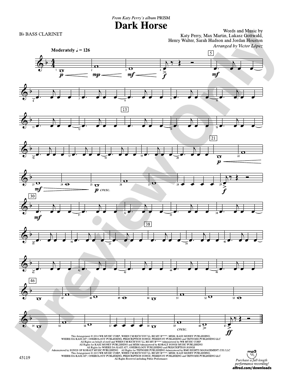 Dark Horse: B-flat Bass Clarinet: B-flat Bass Clarinet Part - Digital ...