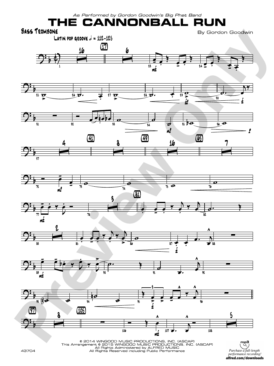 The Cannonball Run: Bass Trombone: Bass Trombone Part - Digital Sheet ...