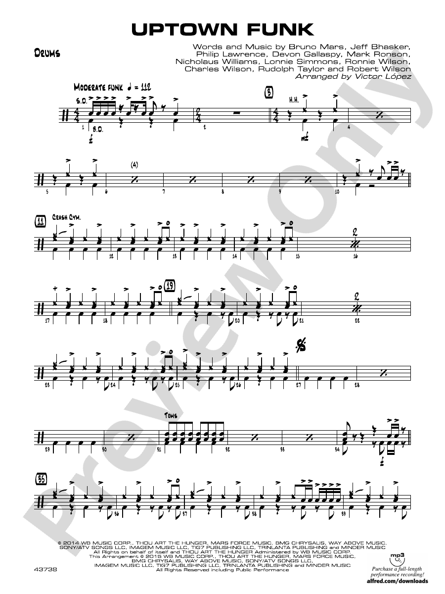 Uptown Funk: Drums: Drums Part - Digital Sheet Music Download