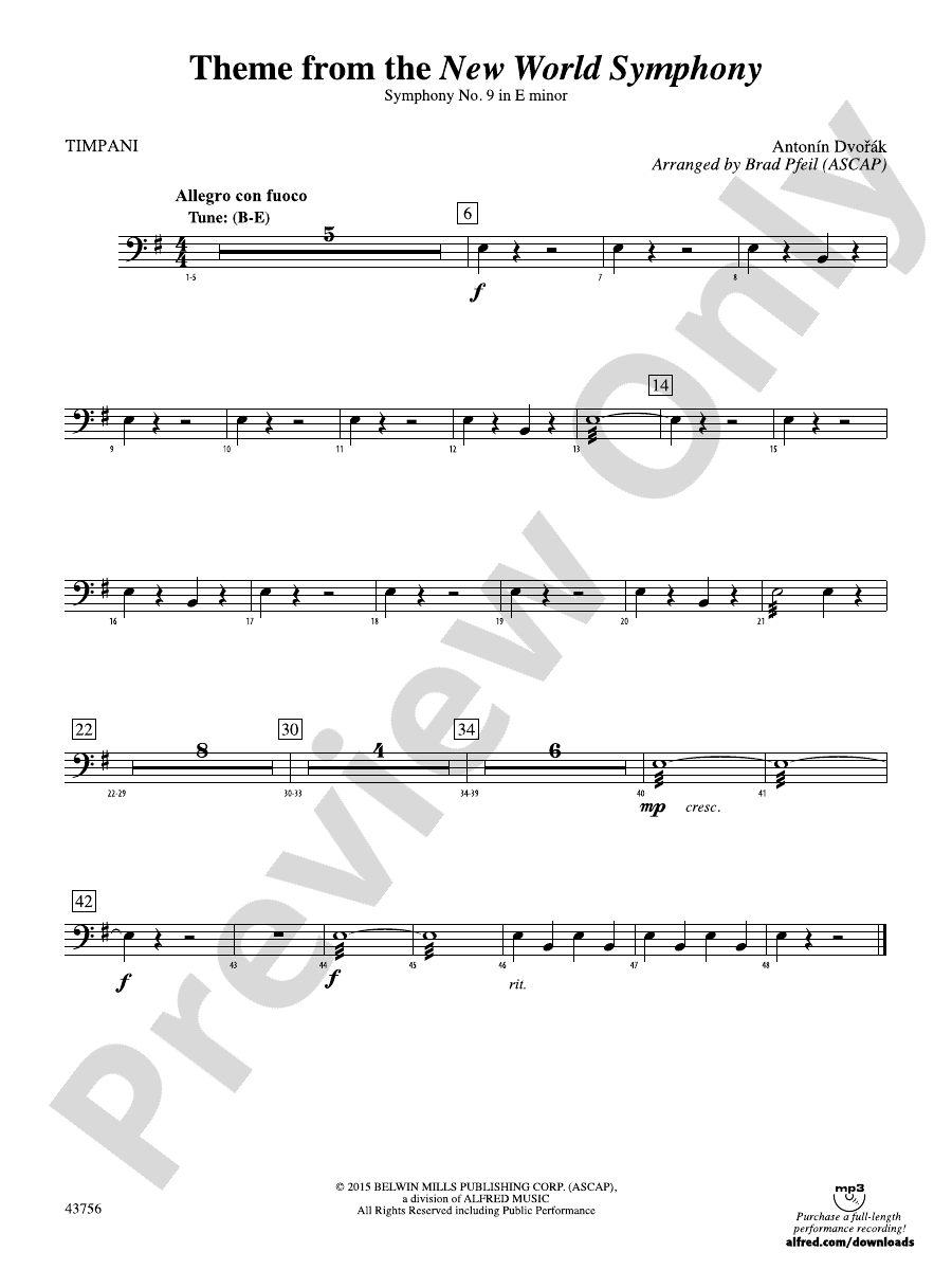 New World Symphony, Theme from the: Timpani: Timpani Part - Digital Sheet Music Download