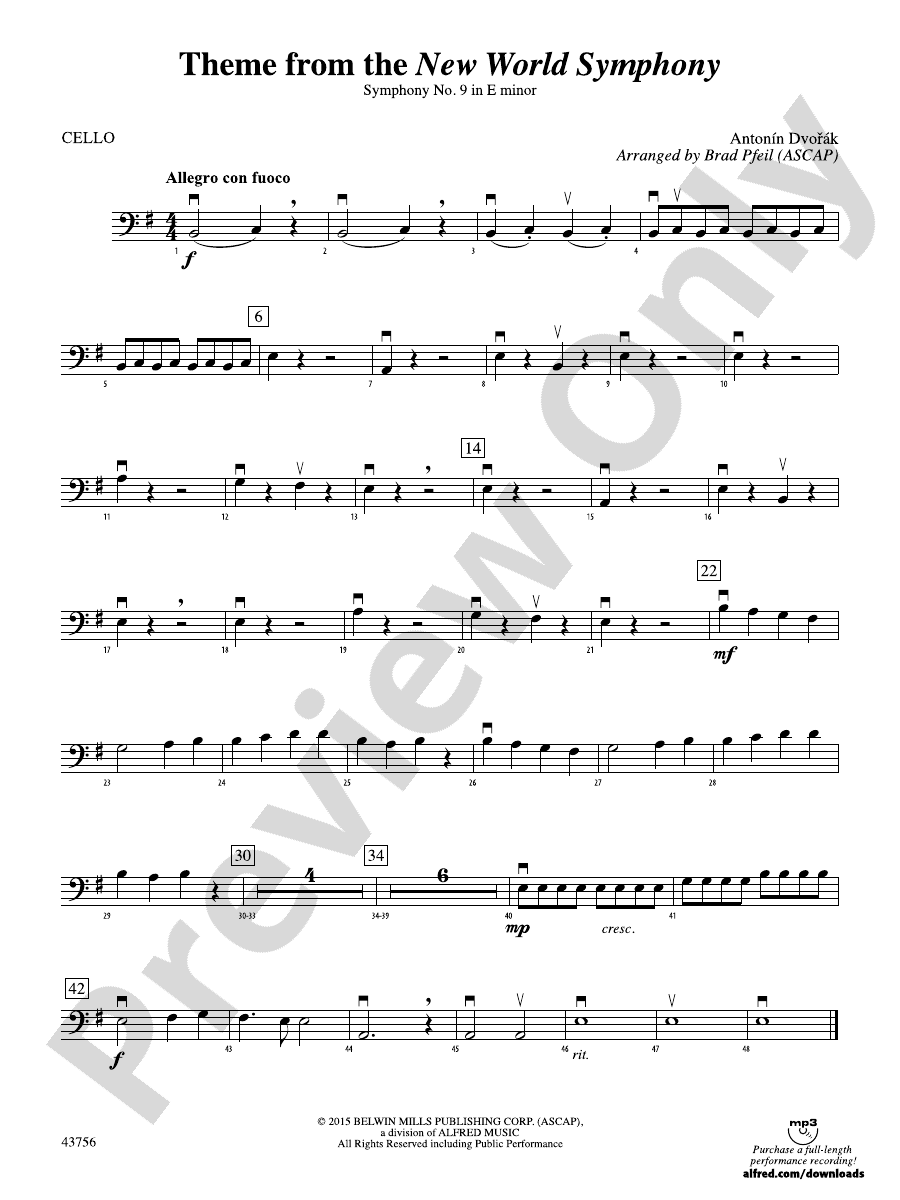New World Symphony, Theme from the: Cello: Cello Part - Digital Sheet ...