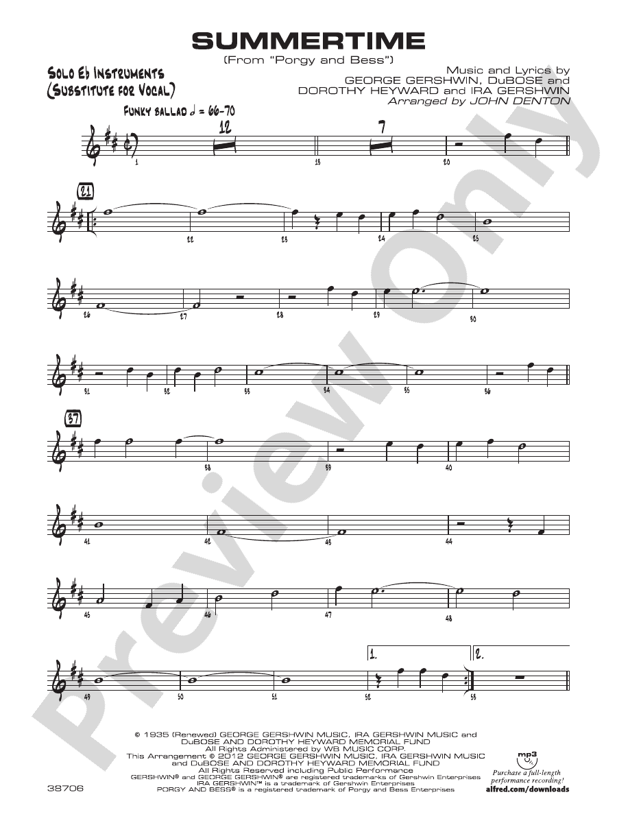 Summertime: Solo Eb Part (Substitute for Vocal): Solo Eb Part ...