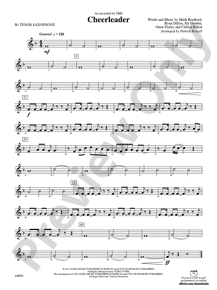 Cheerleader: B-flat Tenor Saxophone: B-flat Tenor Saxophone Part ...