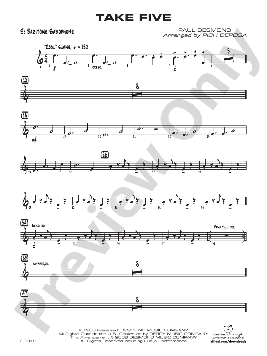 Take Five: E-flat Baritone Saxophone: E-flat Baritone Saxophone Part - Digital Sheet Music Download