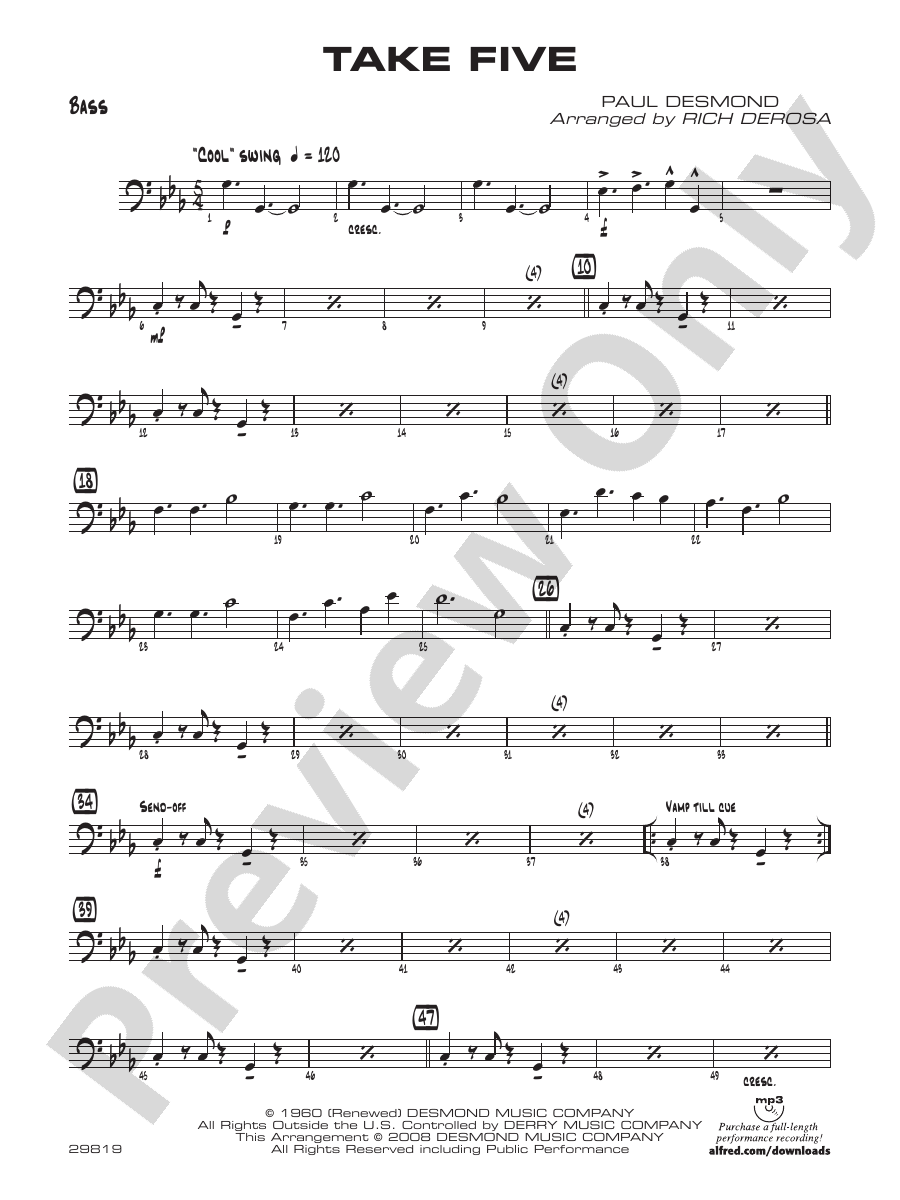 Take Five: String Bass: String Bass Part - Digital Sheet Music Download
