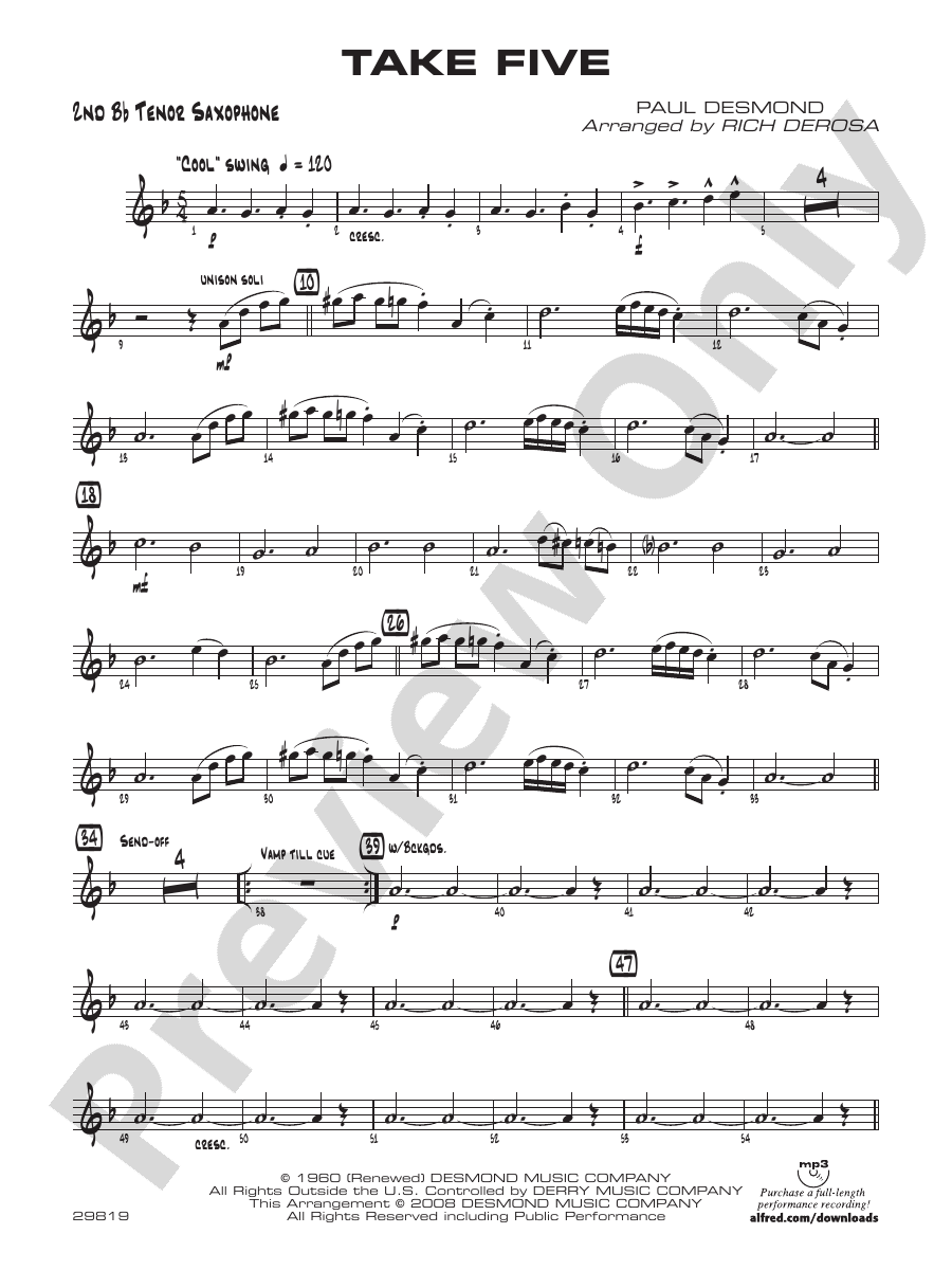 Take Five: 2nd B-flat Tenor Saxophone: 2nd B-flat Tenor Saxophone Part ...
