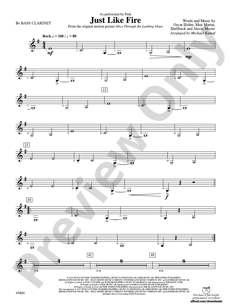Just Like Fire: B-flat Bass Clarinet: B-flat Bass Clarinet Part ...