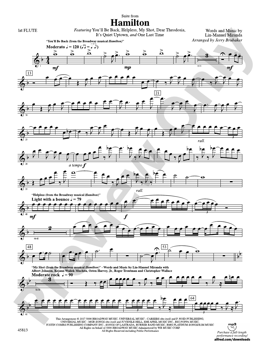 Hamilton, Suite from: Flute: Flute Part - Digital Sheet Music Download
