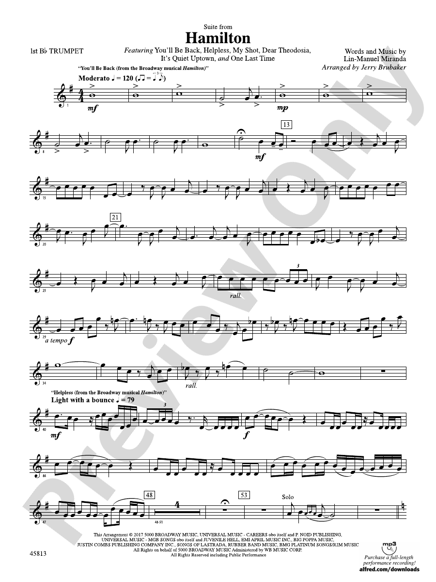 Hamilton, Suite from: 1st B-flat Trumpet: 1st B-flat Trumpet Part ...