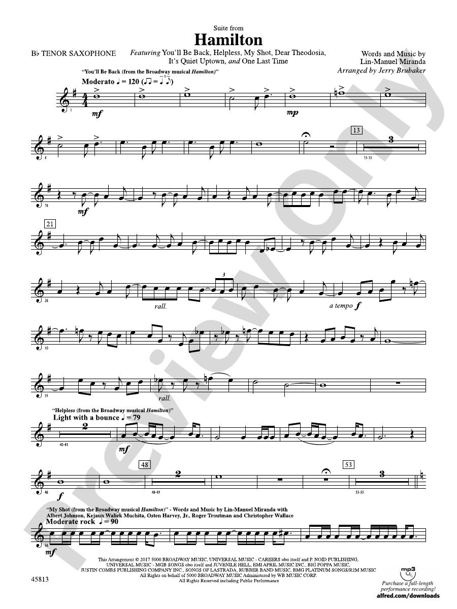 Hamilton, Suite from: B-flat Tenor Saxophone: B-flat Tenor Saxophone ...