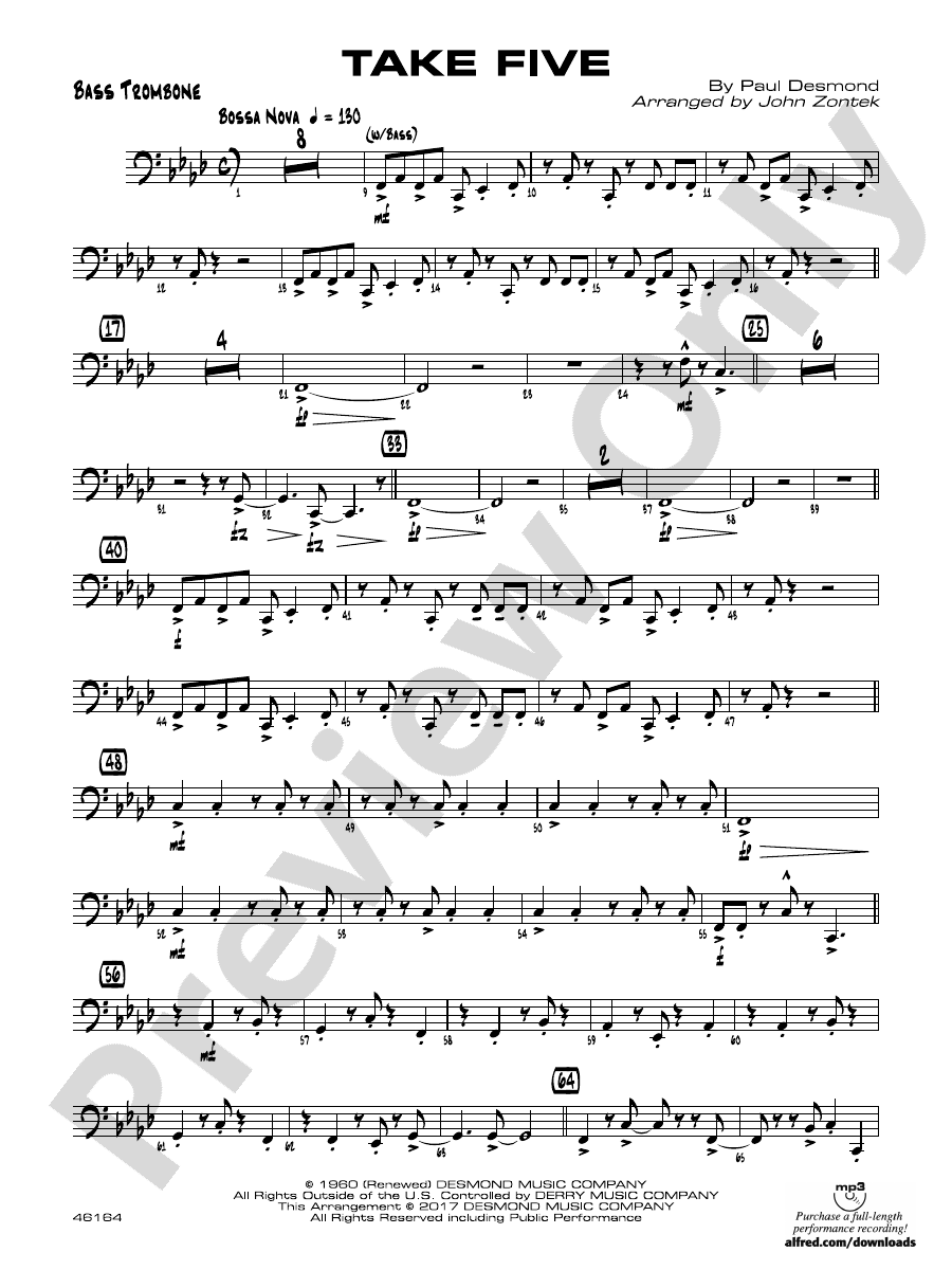Take Five: Bass Trombone: Bass Trombone Part - Digital Sheet Music Download