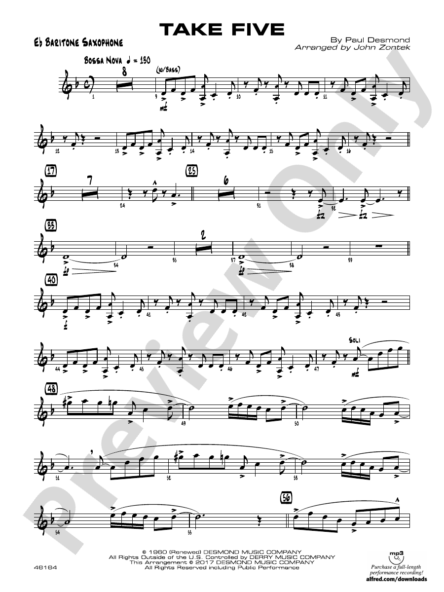 Take Five: E-flat Baritone Saxophone: E-flat Baritone Saxophone Part - Digital Sheet Music Download