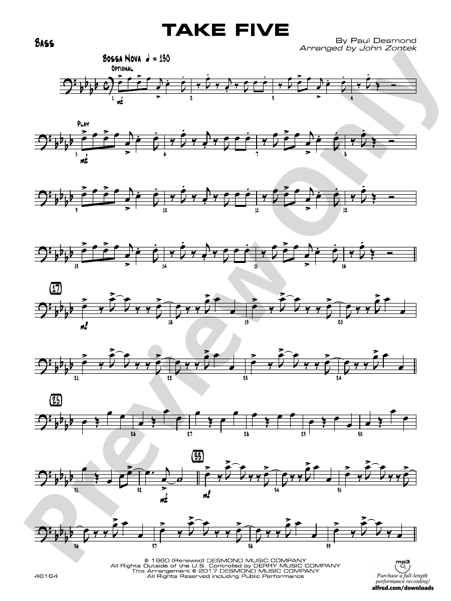 Take Five: String Bass: String Bass Part - Digital Sheet Music Download
