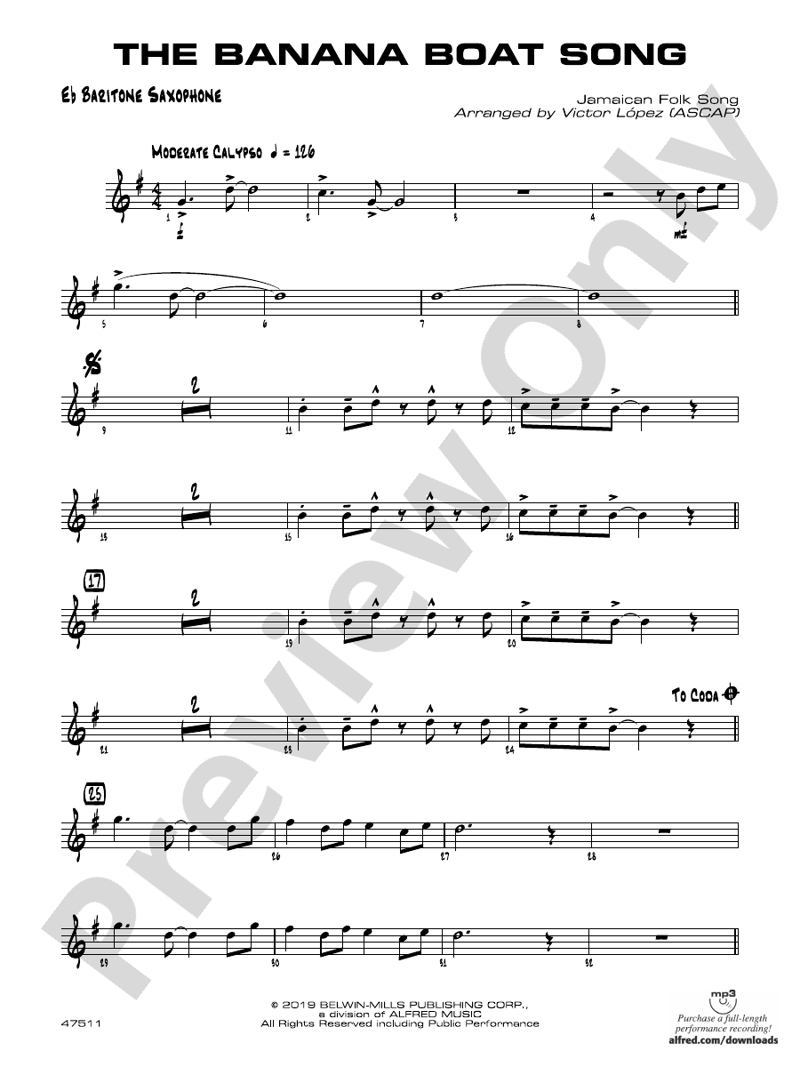 The Banana Boat Song: E-flat Baritone Saxophone: E-flat Baritone Saxophone Part - Digital Sheet ...