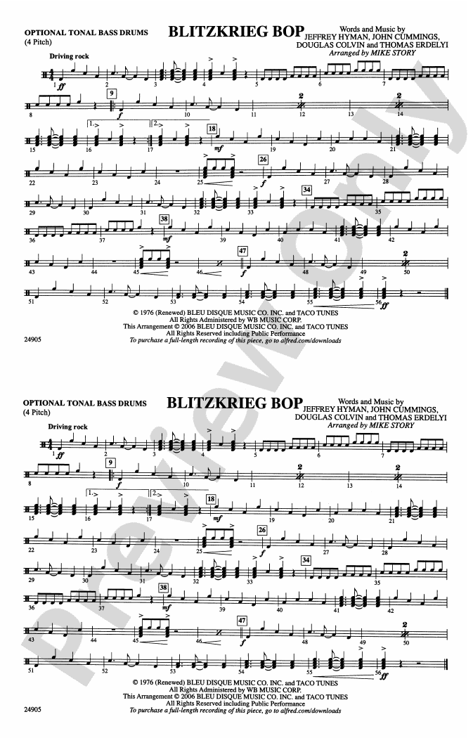 Blitzkrieg Bop: Tonal Bass Drum: Tonal Bass Drum Part - Digital Sheet Music Download
