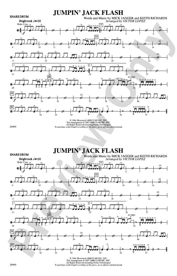 Jumpin' Jack Flash: Snare Drum: Snare Drum Part - Digital Sheet Music ...
