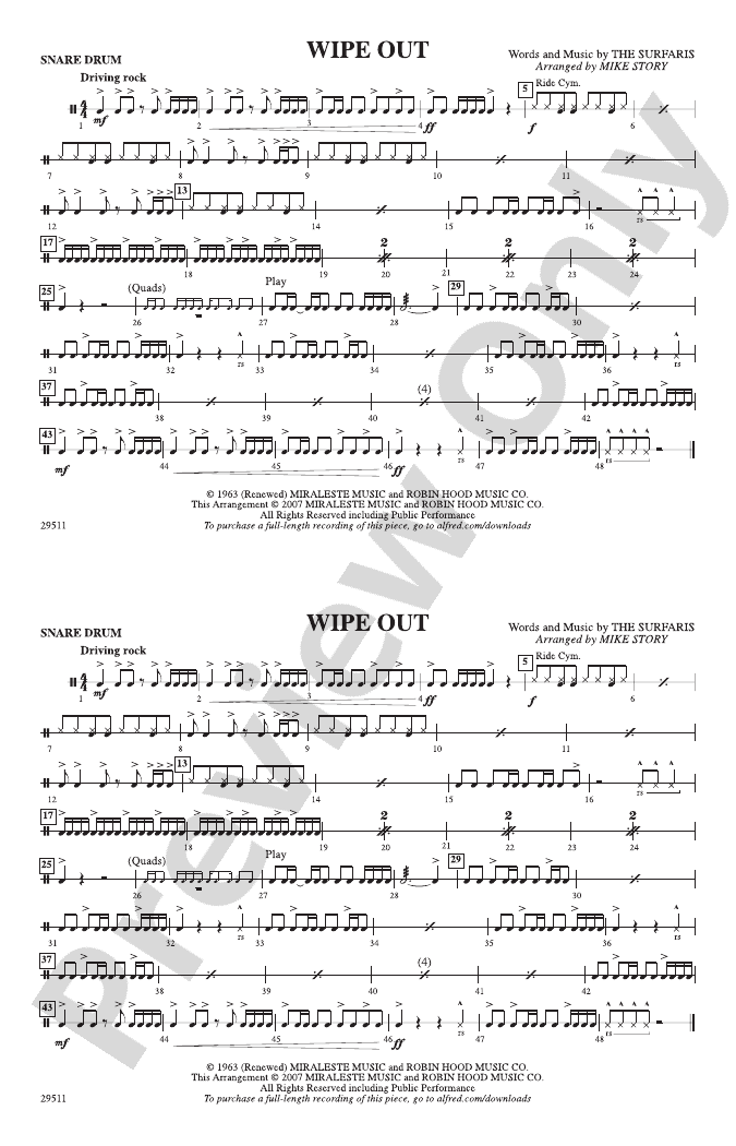 Wipe Out: Snare Drum: Snare Drum Part - Digital Sheet Music Download