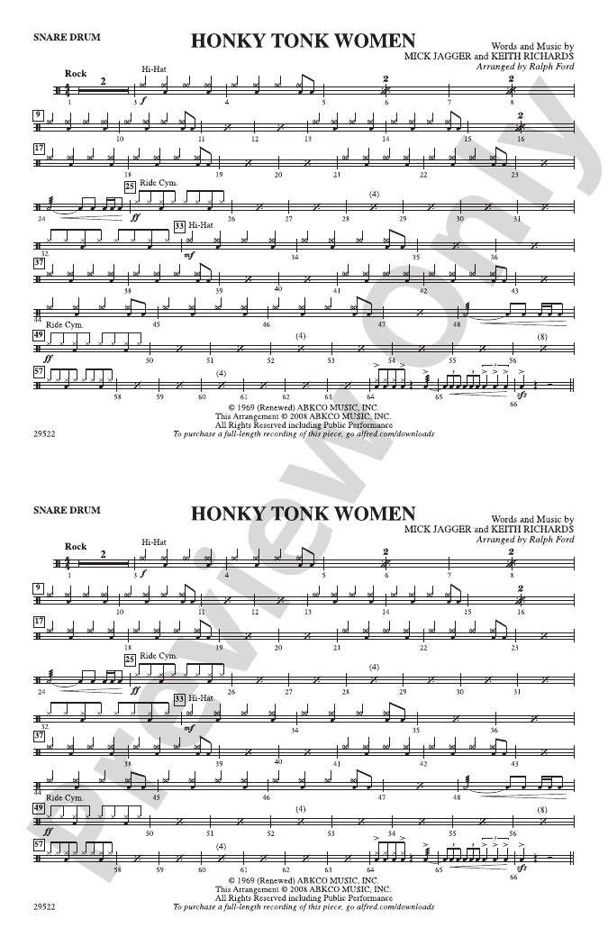 Honky Tonk Women: Snare Drum: Snare Drum Part - Digital Sheet Music ...