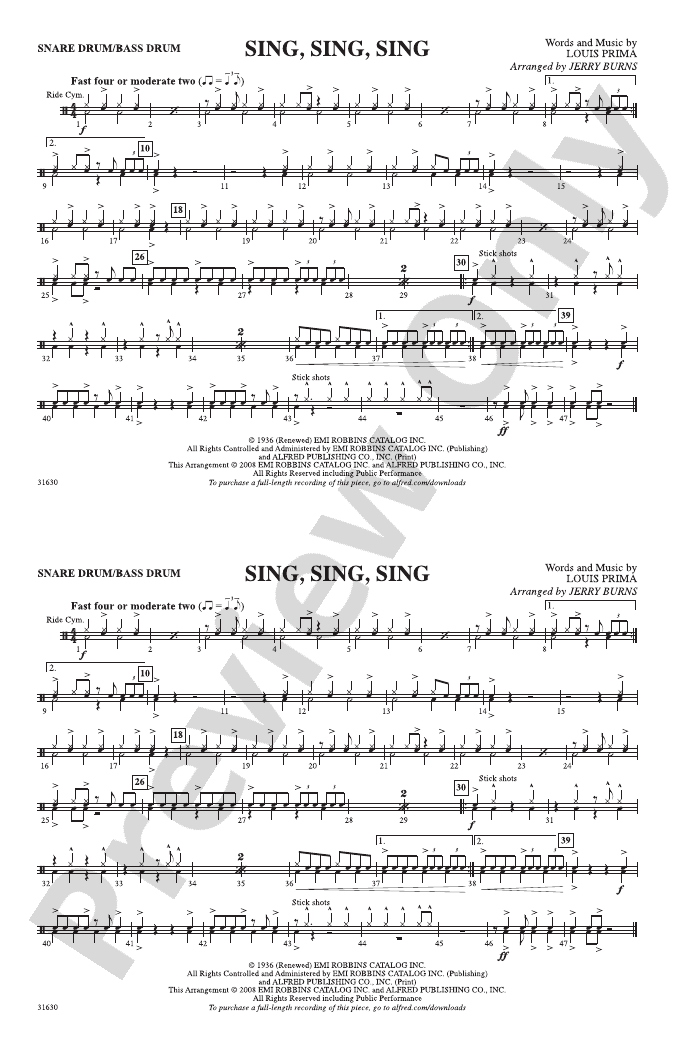 Sing, Sing, Sing: Snare Drum/Bass Drum: Snare Drum/Bass Drum Part - Digital Sheet Music Download