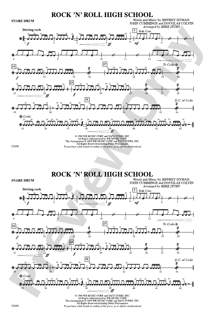 Rock 'N' Roll High School: Snare Drum: Snare Drum Part - Digital Sheet ...