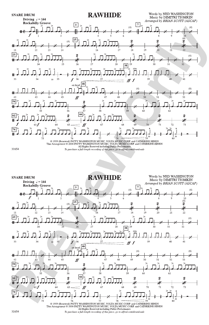 Rawhide: Snare Drum: Snare Drum Part - Digital Sheet Music Download