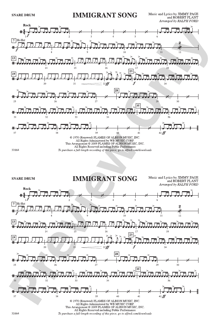 Immigrant Song: Snare Drum: Snare Drum Part - Digital Sheet Music Download