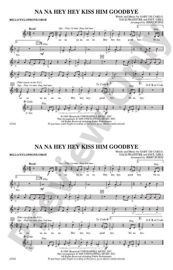 Na Na Hey Hey Kiss Him Goodbye: Bells/Xylophone/Oboe: Bells/Xylophone ...