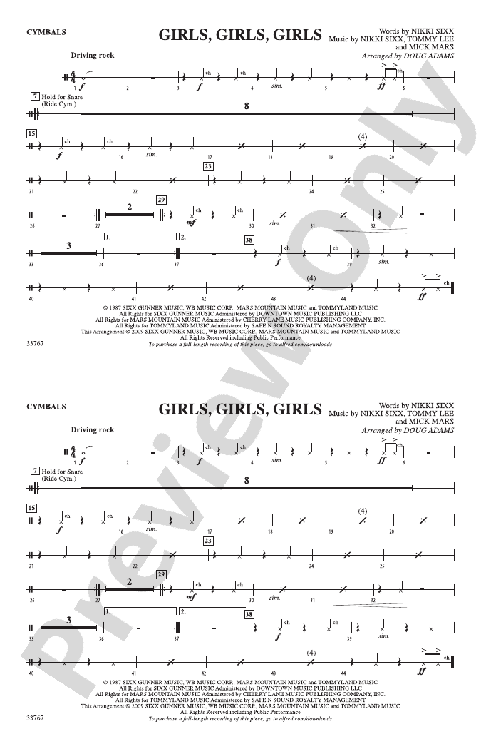 Girls, Girls, Girls: Cymbals: Cymbals Part - Digital Sheet Music Download