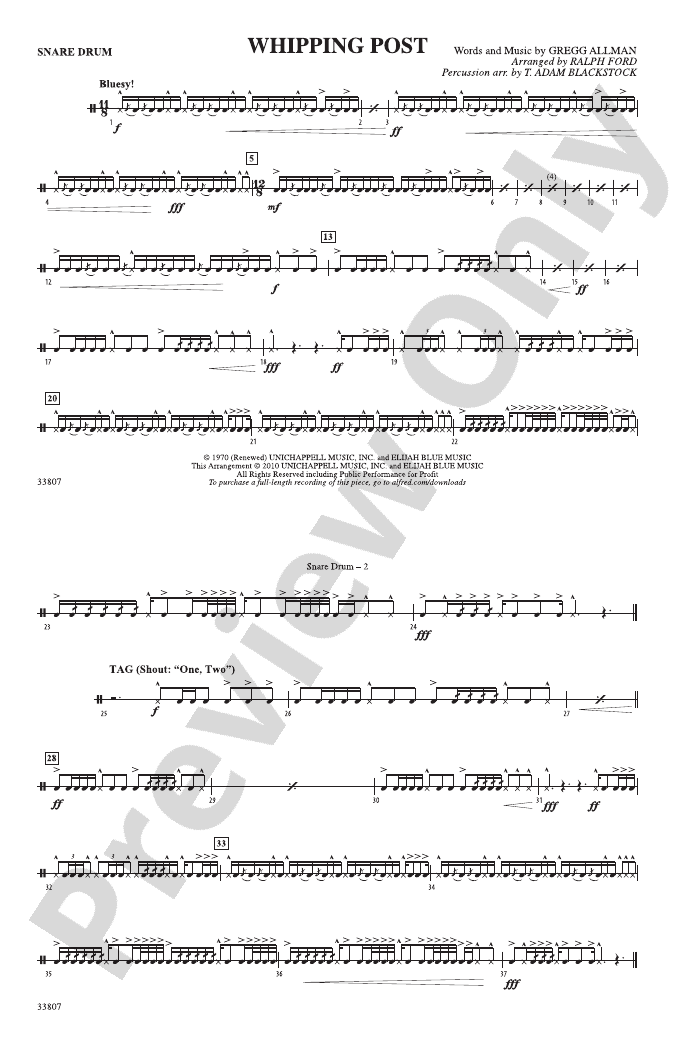 Whipping Post: Snare Drum: Snare Drum Part - Digital Sheet Music Download