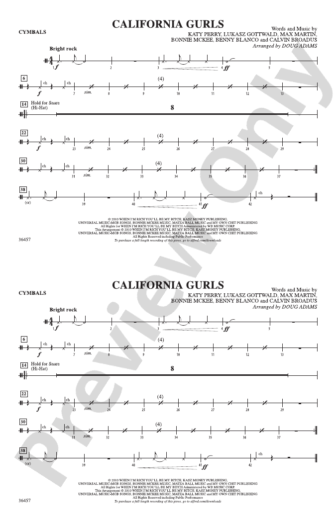 California Gurls: Cymbals: Cymbals Part - Digital Sheet Music Download