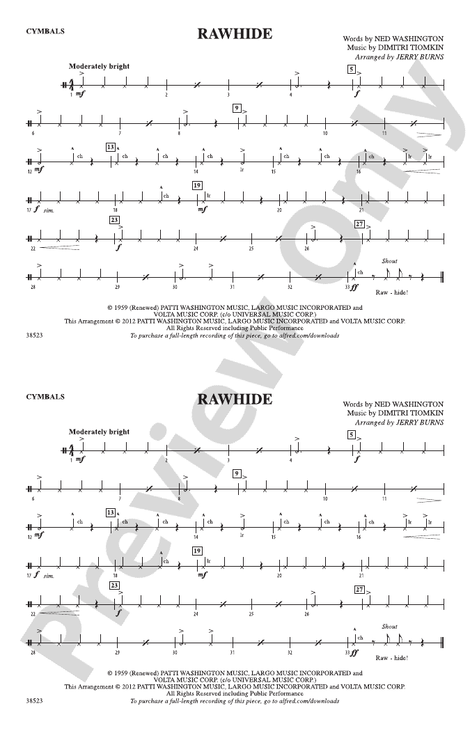 Rawhide: Cymbals: Cymbals Part - Digital Sheet Music Download