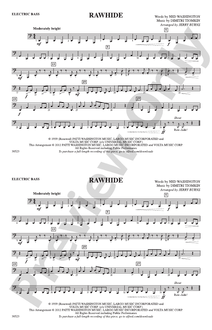 Rawhide: Electric Bass: Electric Bass Part - Digital Sheet Music Download