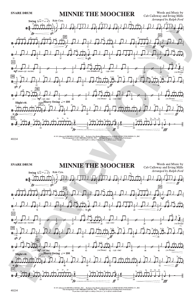 Minnie the Moocher: Snare Drum: Snare Drum Part - Digital Sheet Music ...