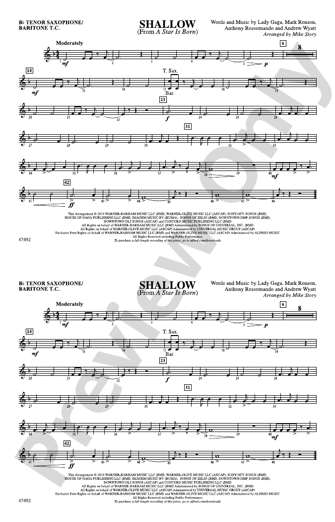 Shallow: Bb Tenor Saxophone/Bartione Treble Clef: Bb Tenor Saxophone ...