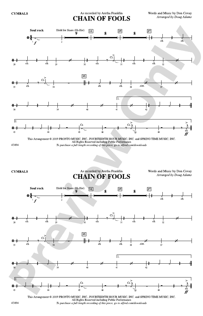 Chain of Fools: Cymbals: Cymbals Part - Digital Sheet Music Download