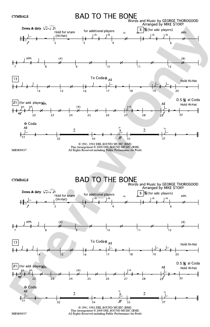 Bad to the Bone: Cymbals: Cymbals Part - Digital Sheet Music Download