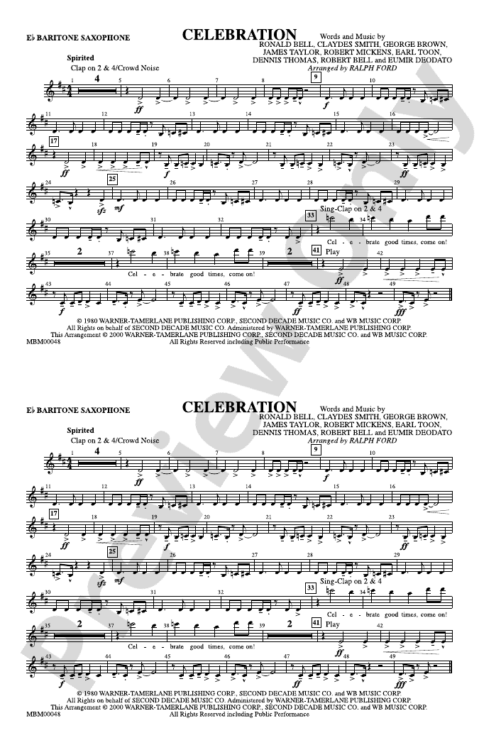 Celebration E Flat Baritone Saxophone E Flat Baritone Saxophone Part