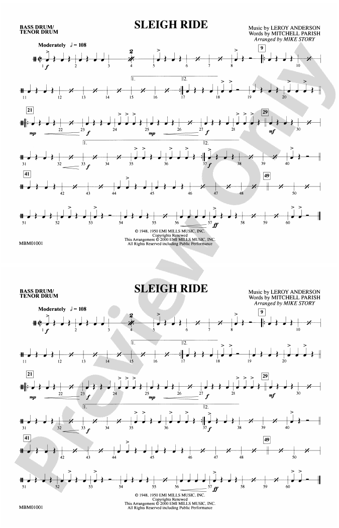 Sleigh Ride: Bass Drum/Tenor Drum: Bass Drum/Tenor Drum Part - Digital ...