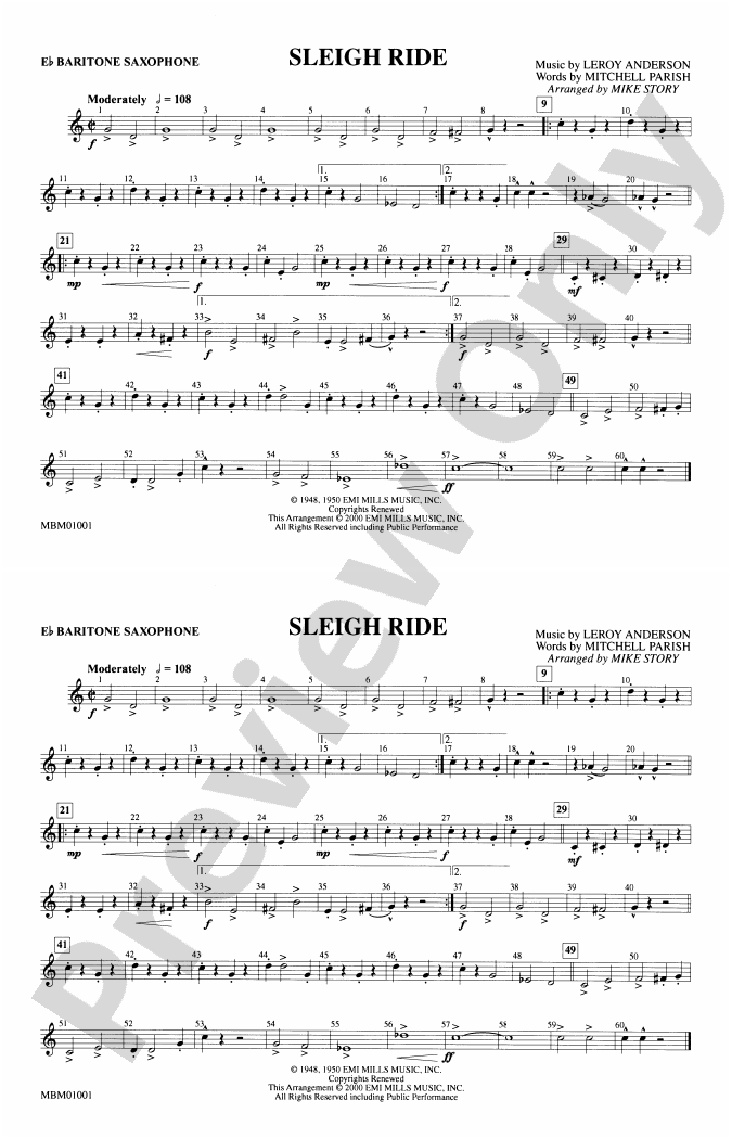 Sleigh Ride: E-flat Baritone Saxophone: E-flat Baritone Saxophone Part ...
