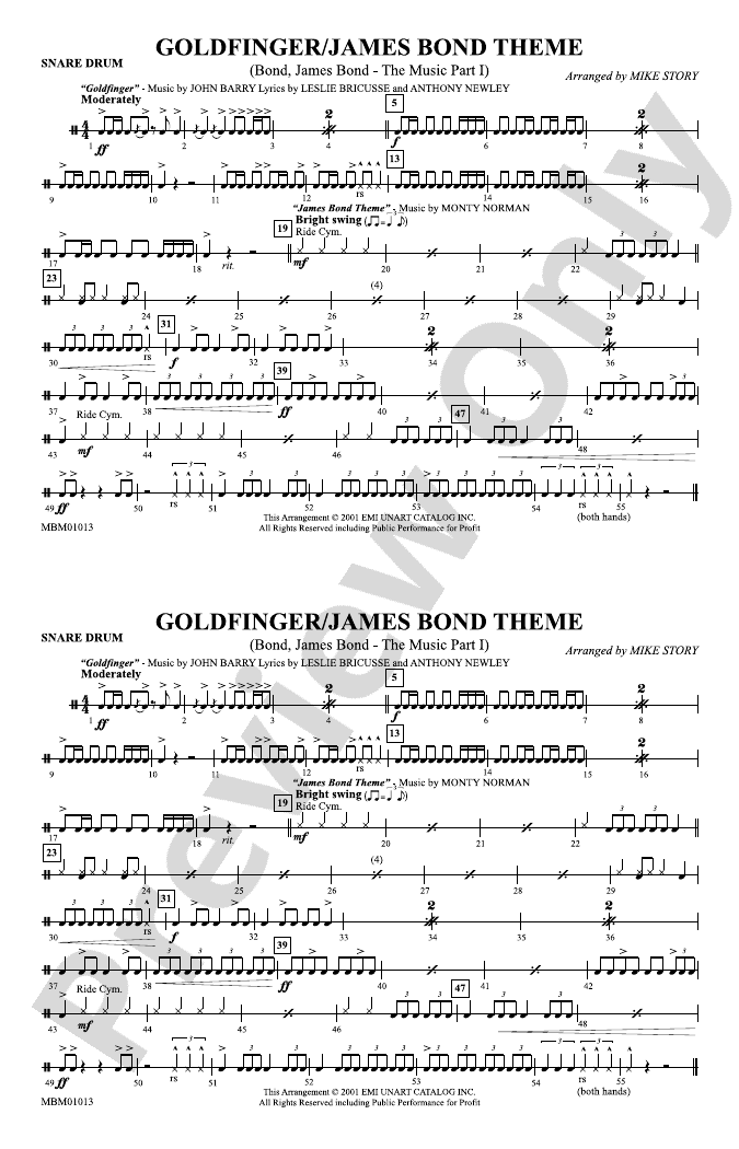 Goldfinger / James Bond Theme: Snare Drum: Snare Drum Part - Digital ...