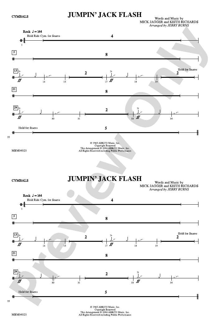 Jumpin' Jack Flash: Cymbals: Cymbals Part - Digital Sheet Music Download