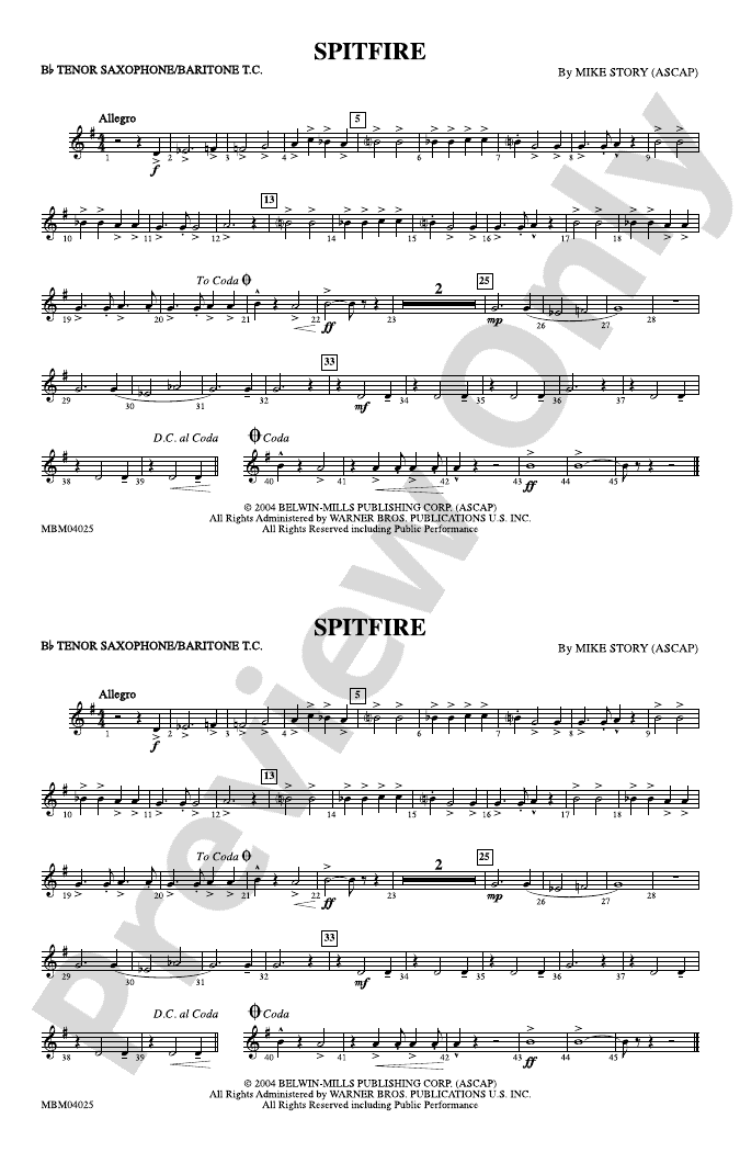 Spitfire: Bb Tenor Saxophone/Bartione Treble Clef: Bb Tenor Saxophone ...