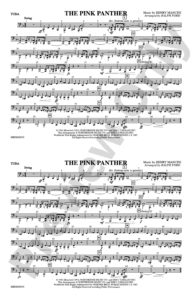 The Pink Panther: Tuba: Tuba Part - Digital Sheet Music Download