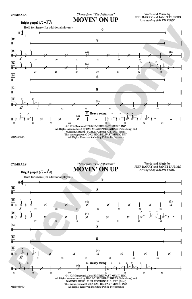 Movin' on Up (Theme from "The Jeffersons"): Cymbals: Cymbals Part ...