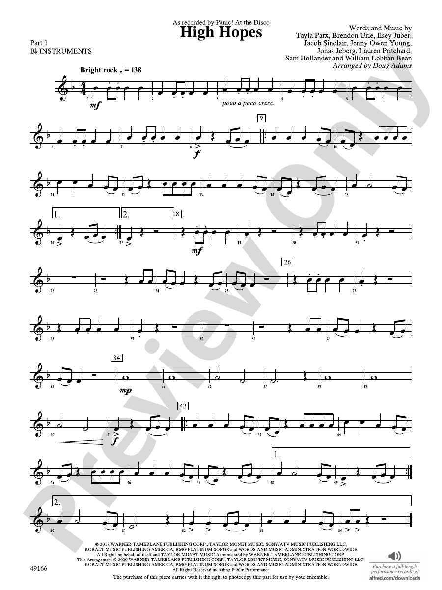 High Hopes: Part 1 - B-flat Instruments: Part 1 - B-flat Instruments Part - Digital Sheet Music ...