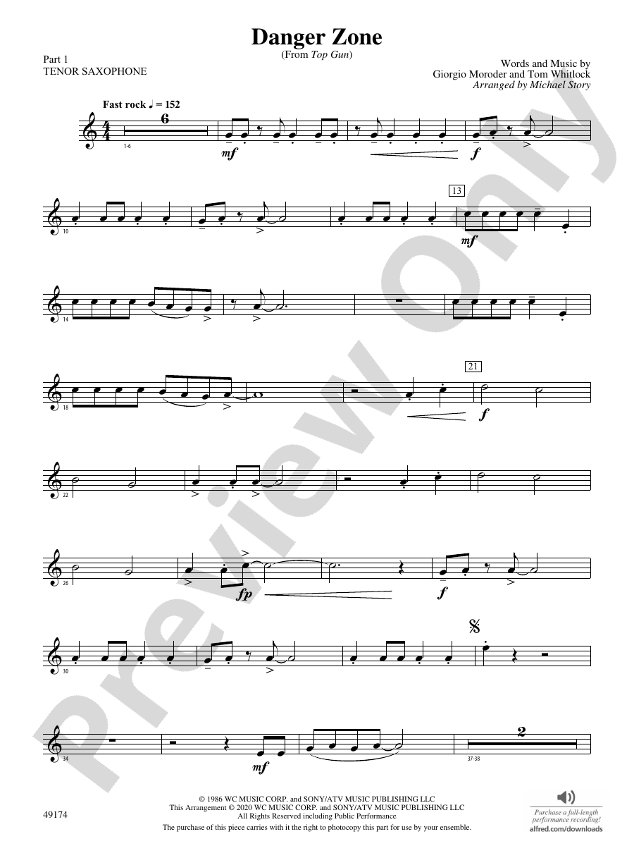 Danger Zone: Part 1 - Tenor Saxophone: Part 1 - Tenor Saxophone Part ...
